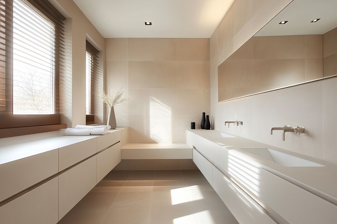 Minimal Bathroom Design with Drawer Vanity and Mirror