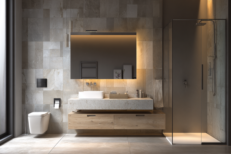 Minimal Bathroom Design With Floating Vanity and Quartz Countertop