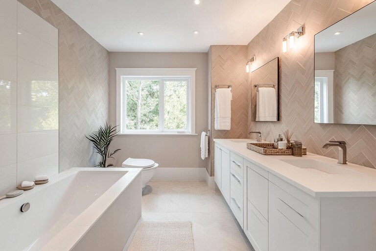 Minimal Bathroom Design with Herringbone Wall and Quartz Vanity