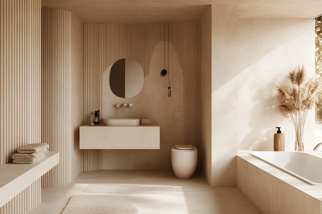 Minimal Bathroom Design with Ribbed Beige Wall and Quartz Vanity
