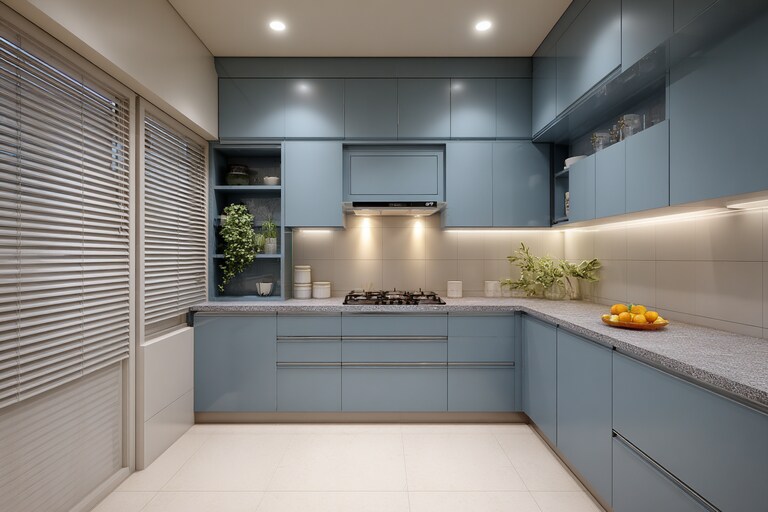 Minimal L Shaped Kitchen Design in Celestial Blue with Granite Countertop