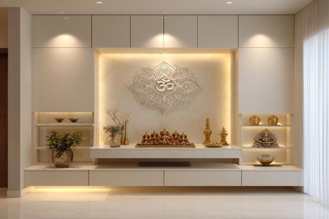 Minimal Pooja Design with Floating Cabinets Om Motif Backlighting and ...