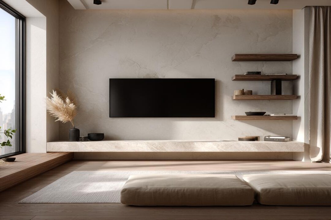 Minimal TV unit design with Floating Shelves and Drawers