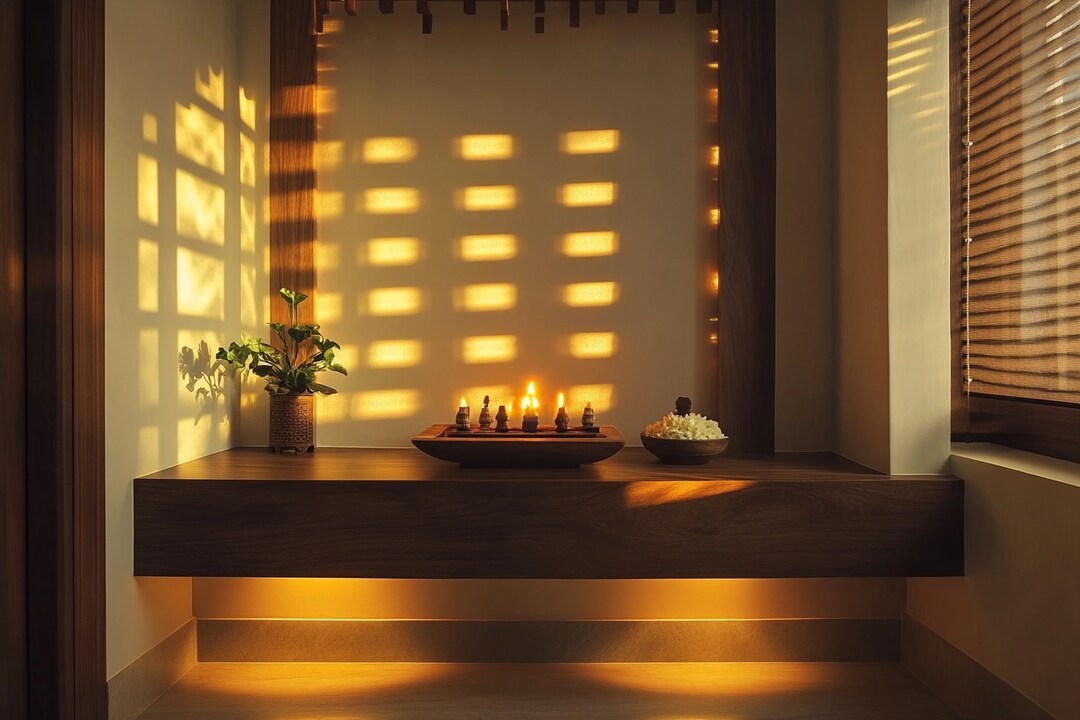 Minimal Wall-Mounted Pooja Unit Design with Illuminated Om Backdrop