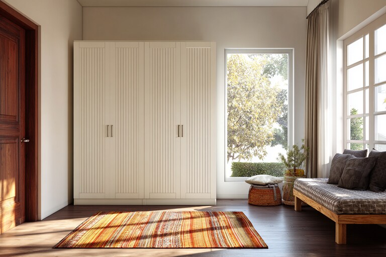 Modern 4-Door Swing Wardrobe Design in Off-White with Vertical Groove ...