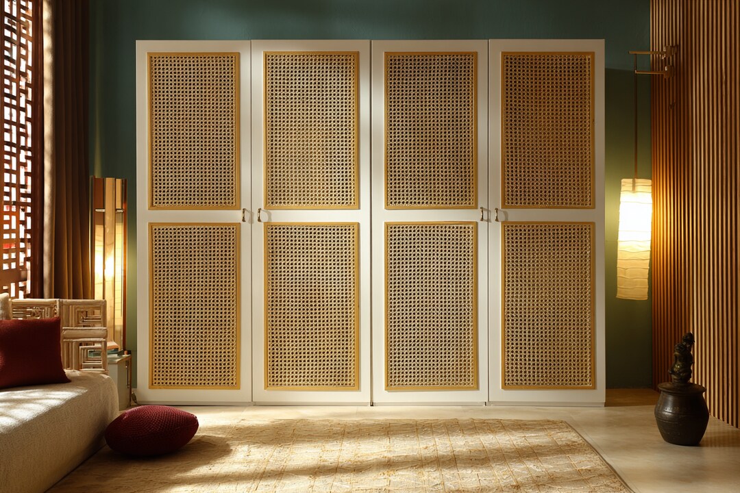 Modern 4-Door Swing Wardrobe Design with Cane Shutters
