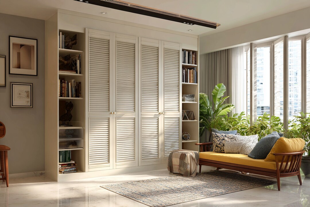 Modern 4-Door Swing Wardrobe with Off White Membrane Shutters