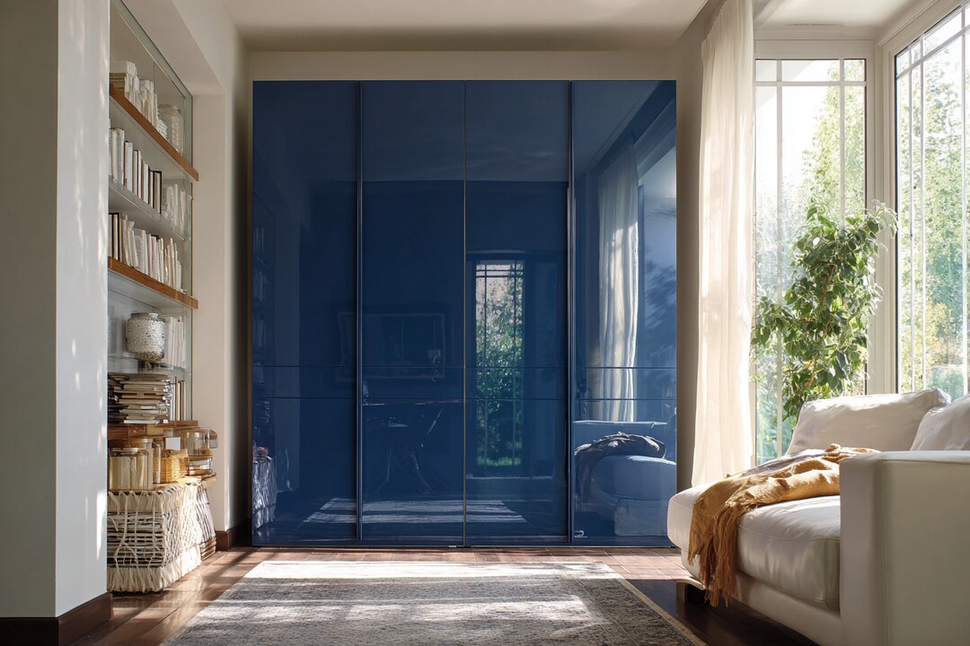 Modern 4-Door Wardrobe Design in Mantello Blu with Glossy Acrylic Shutters