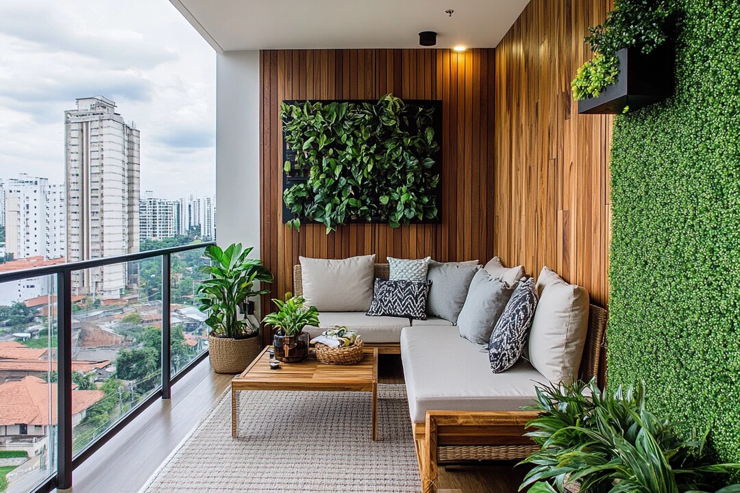 Modern Balcony Design with Vertical Plank Wall and Plants