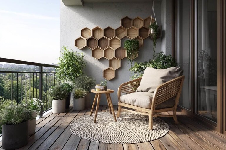 Modern Balcony Design with Wooden Hexagon Wall Decor