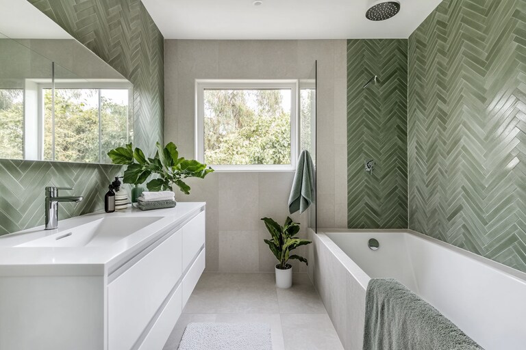 Modern Bathroom Design with Herringbone Green Tile Design