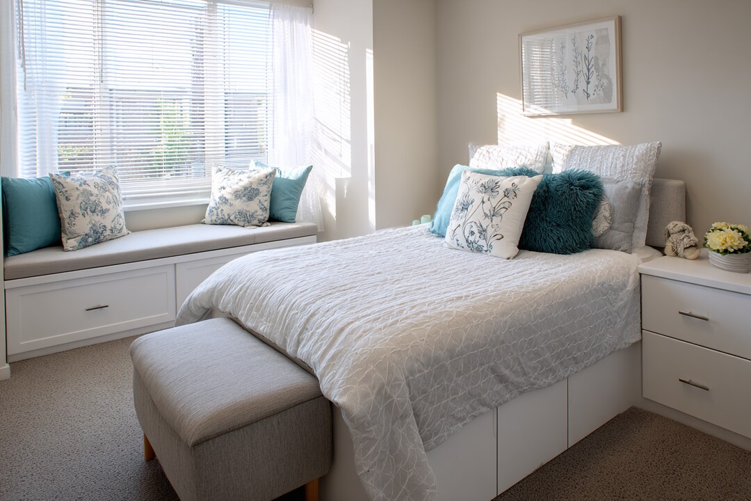 Modern Bedroom Design With A Queen Bed And Bay Seating With Storage