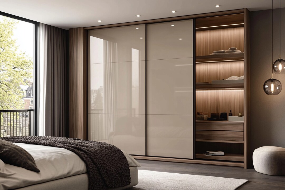Modern Beige Sliding Wardrobe Design with Lacquered Glass Finish