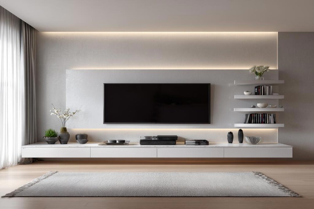 Modern Floating TV unit design with Silver and White Finish