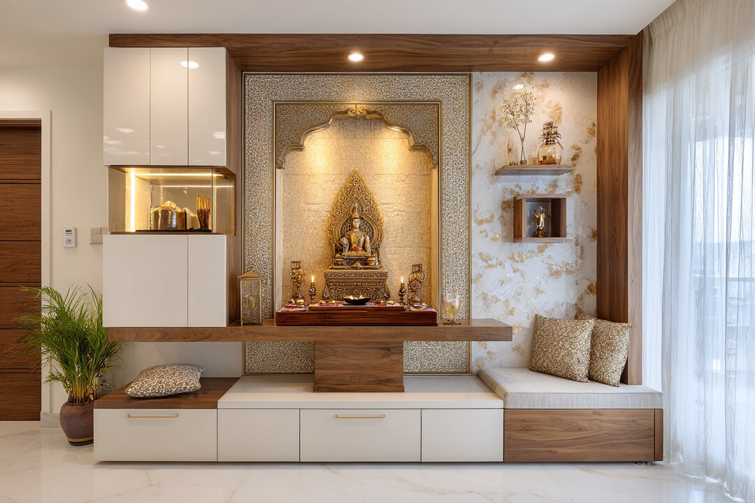 Modern Floor-Mounted Pooja Unit Design in White and Sandy Fossil