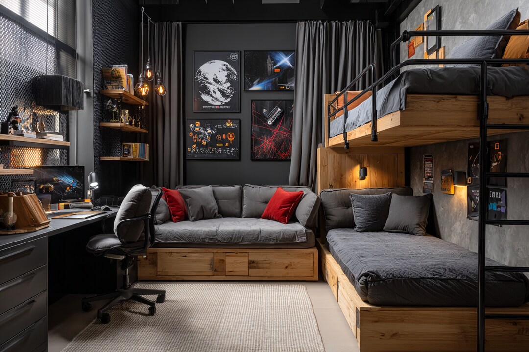 Modern Grey And Black Kids Room Design With Perpendicular Bunk Bed
