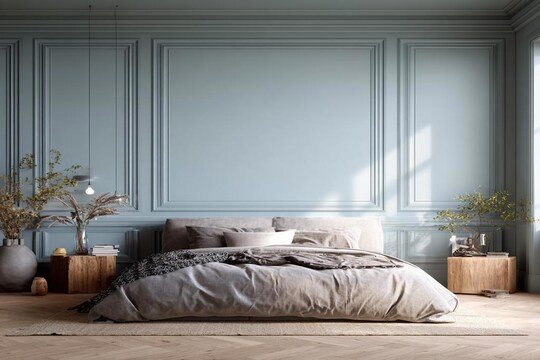 Modern Grey Blue Wall Paint Design with Moulded Panels for Bedrooms