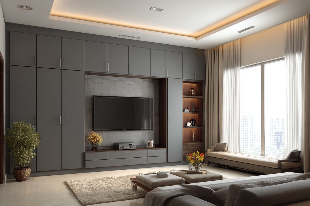 Modern Grey Swing Wardrobe Design with Built-in TV Unit