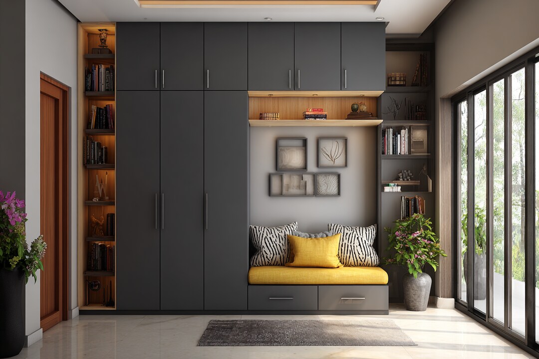 Modern Grey Swing Wardrobe Design With Overhead Loft Cabinet