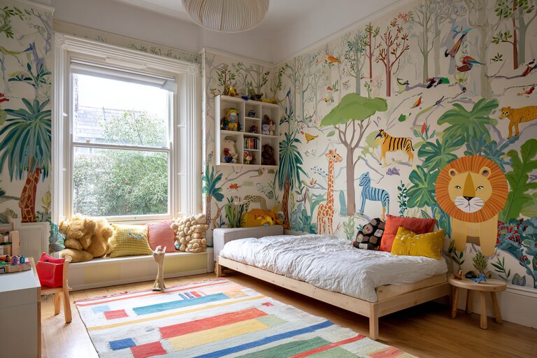 Modern Kids Bedroom Design With Animal Themed Wallpaper