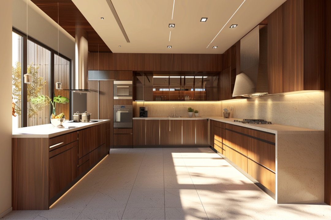 Modern L-Shaped Kitchen Design in Brown With Vertical Storage Units