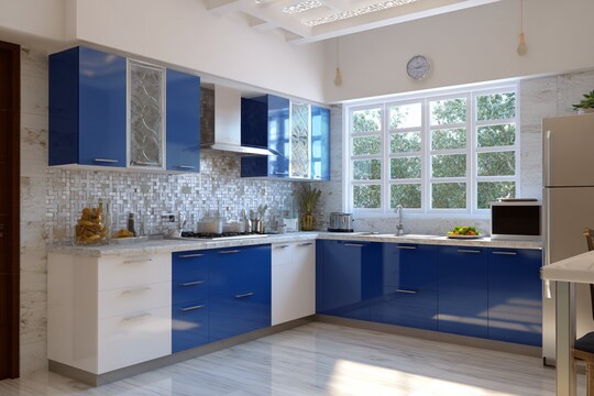 Modern L-Shaped Kitchen Design with Blue and White Finish