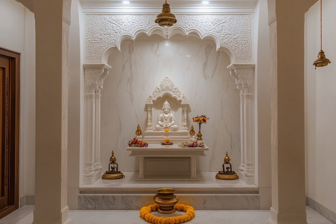 Modern Mandir Design With Marble Tiles And Storage Space