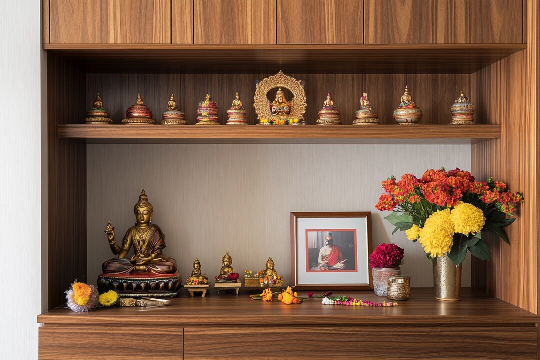 Modern Mandir Design With Storage Cabinets And Shelves