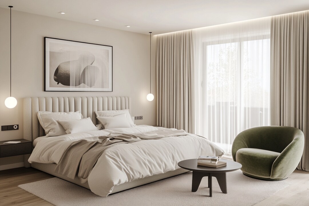 Modern Master Bedroom Design with Green Accent Chair and Round Table