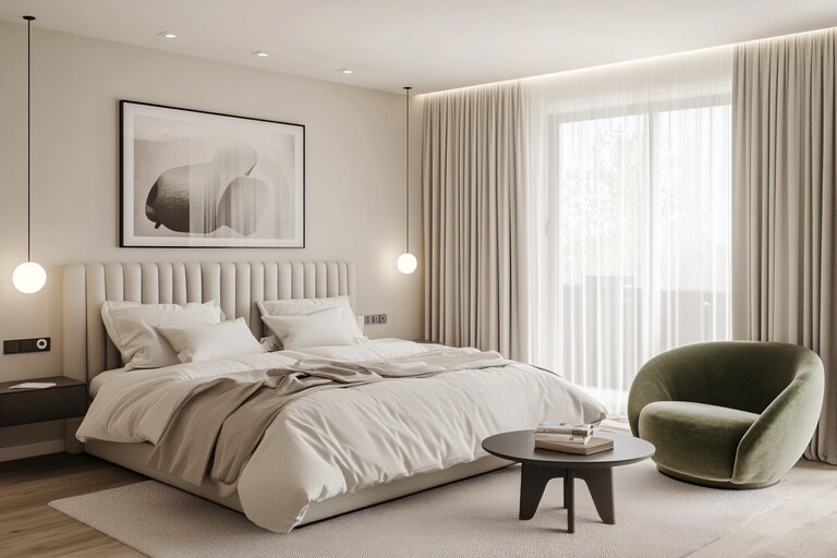 Modern Master Bedroom Design with Green Accent Chair and Round Table