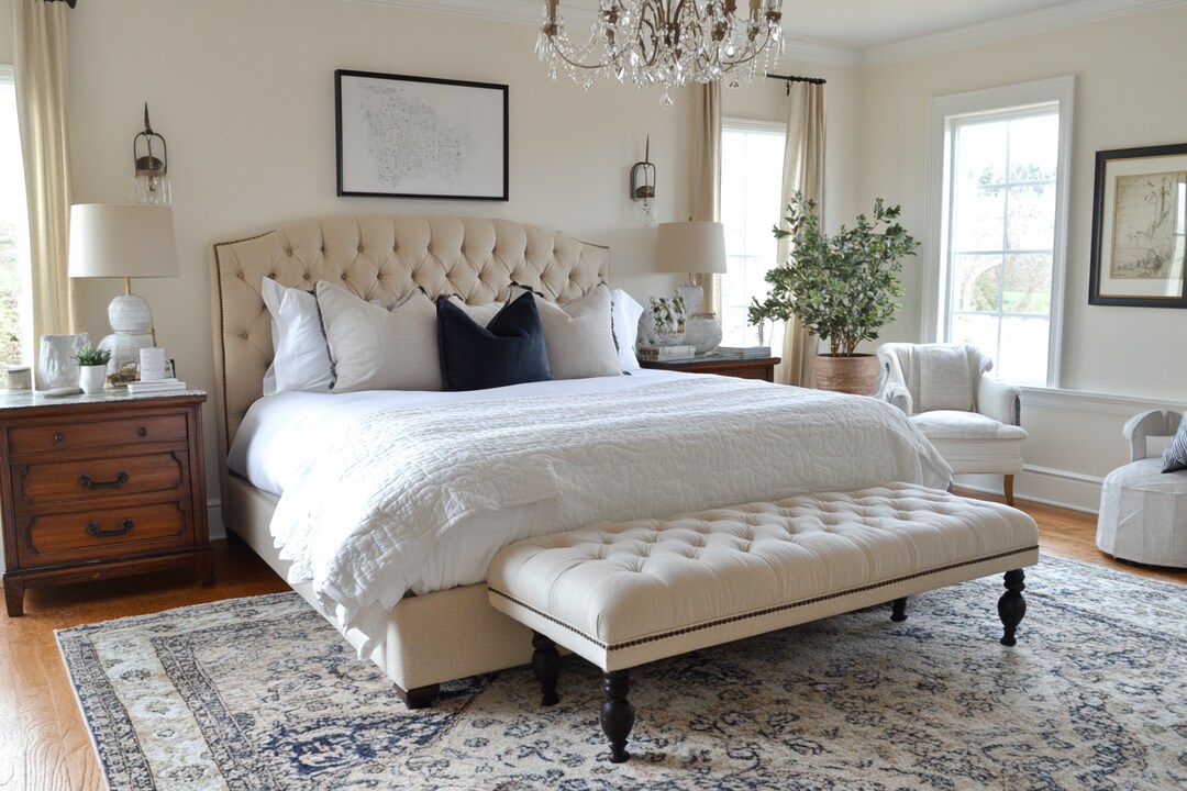 Modern Master Bedroom Design with King Bed and Upholstered Bench