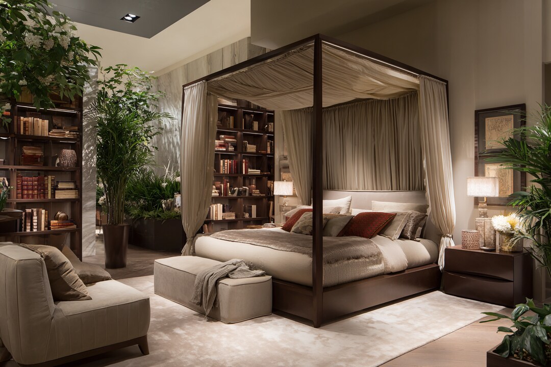 Modern Master Bedroom Design With King Size Canopy Bed and Storage Units