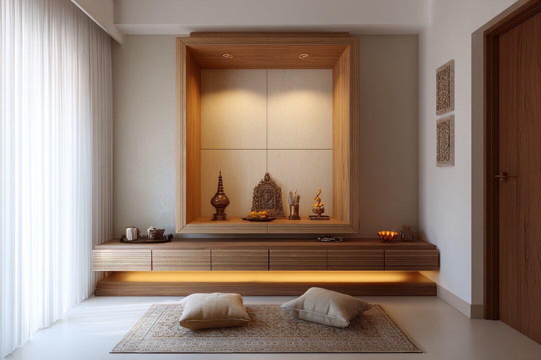 Modern Open Pooja Room Design With Wooden Storage