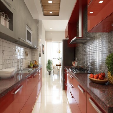 1 Large Modular Kitchen Design with Red Countertops