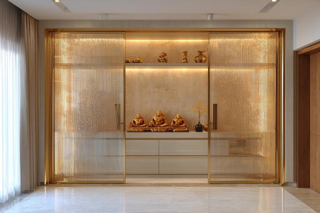 Modern Pooja Room Design with Golden Sliding Doors Fluted Glass and ...
