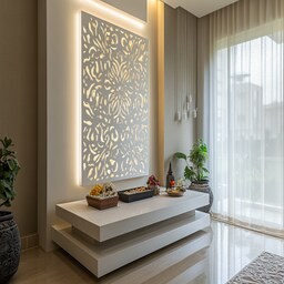 Modern White Pooja Room Design With Lattice Doors and Bells