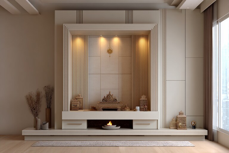 Modern Style Compact Mandir Design With Beige Backdrop