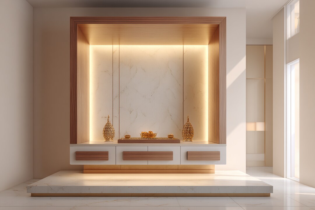 Modern Style Pooja Room Design With LED Lights