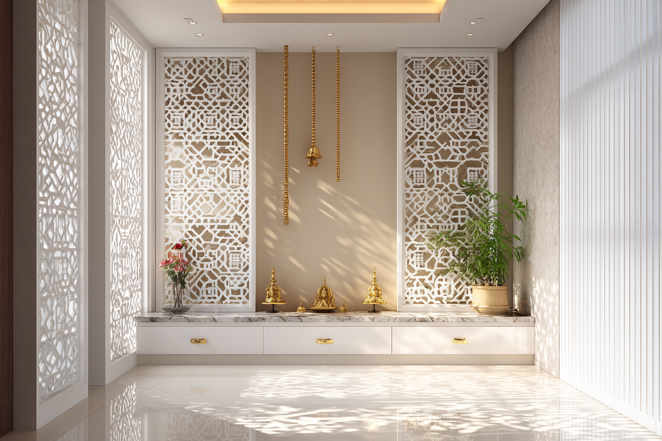 Modern Style Pooja Room Design With White Jali