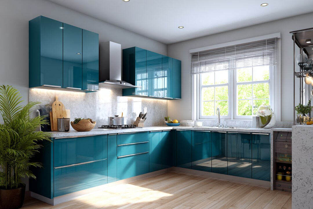 Modern Teal Blue L-Shaped Kitchen Design with Glossy Cabinets