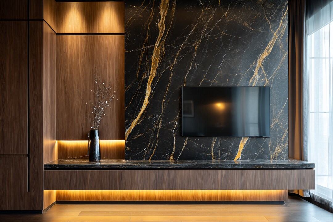 Modern TV Cabinet Design With A Marble Back Panel