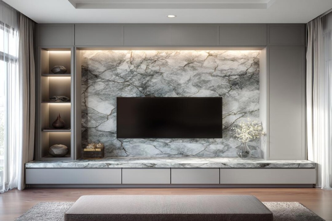 Modern TV unit design in Grey with Marble Back Panel