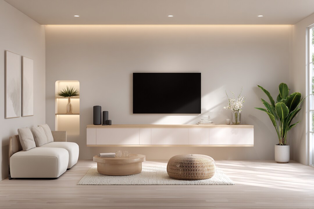 Modern TV Unit Design With Cream-Toned Floating Unit