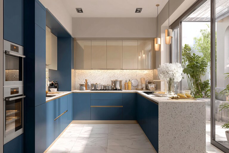 Modern U-Shaped Kitchen Design in Celestial Blue and Champagne