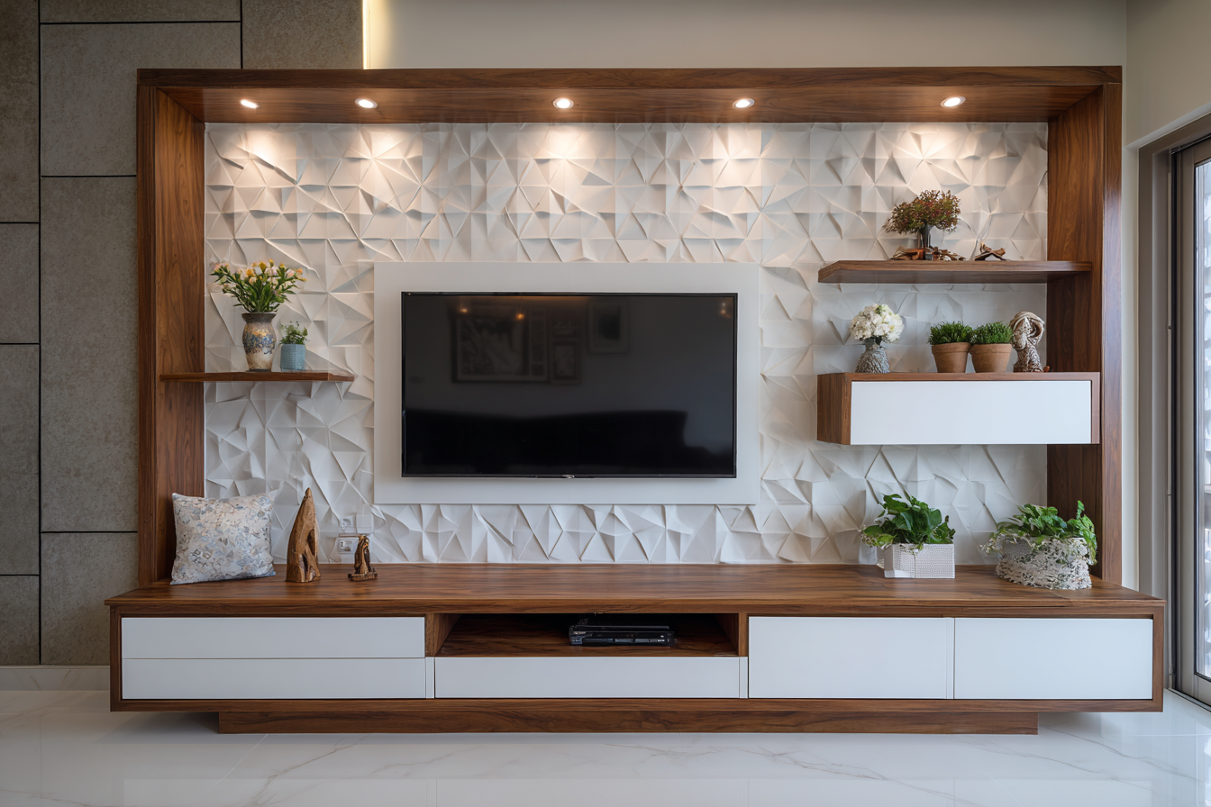 Modern White and Walnut TV Unit Design with Geometric Backdrop