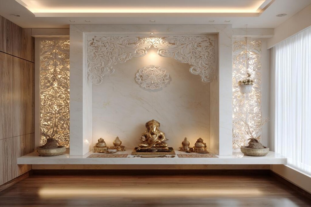 Modern White CNC Cut Jali Wall Design For Pooja Rooms