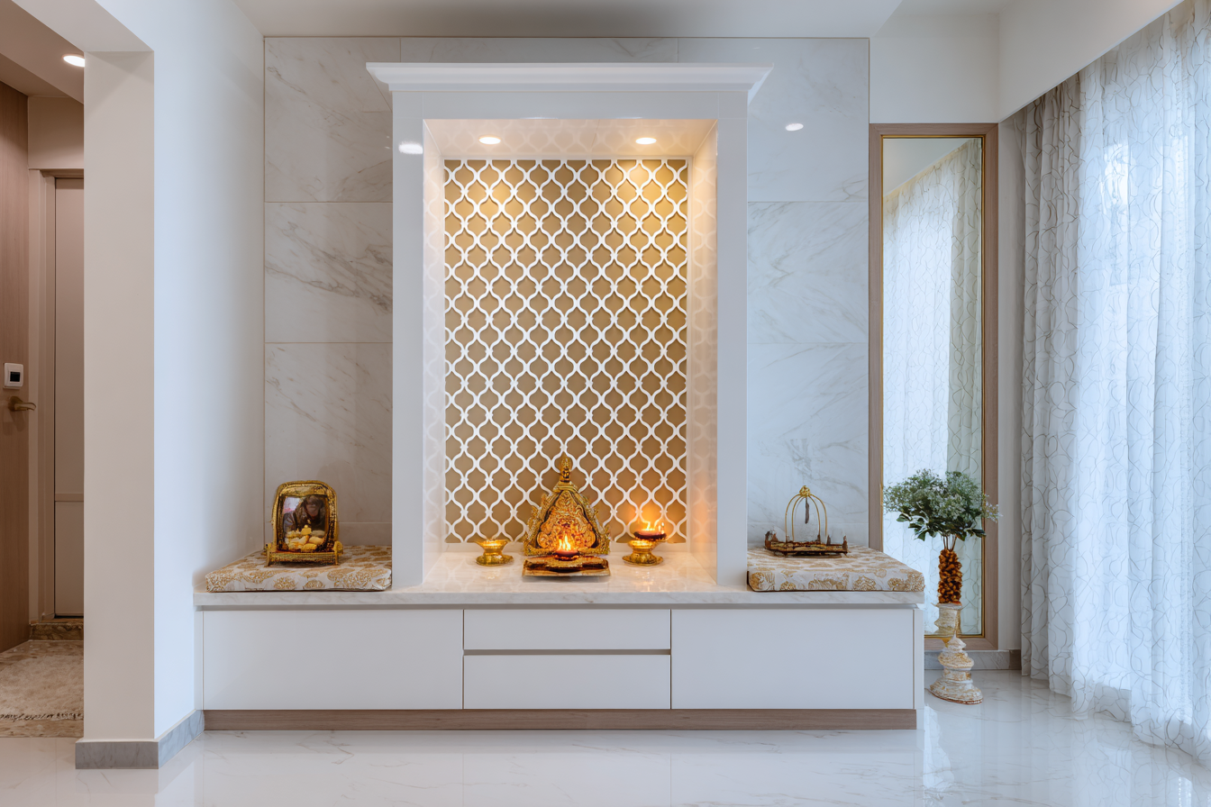 Modern White Pooja Room Design With Jali Pattern