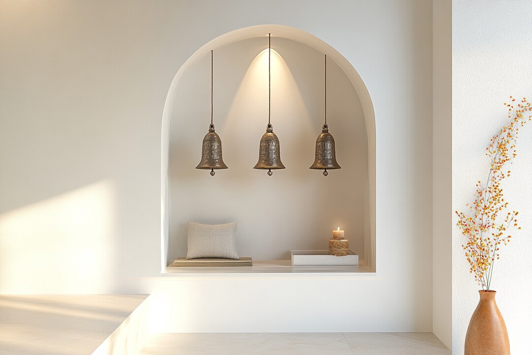 Modern White Pooja Unit Design with Arch and Suspended Bells