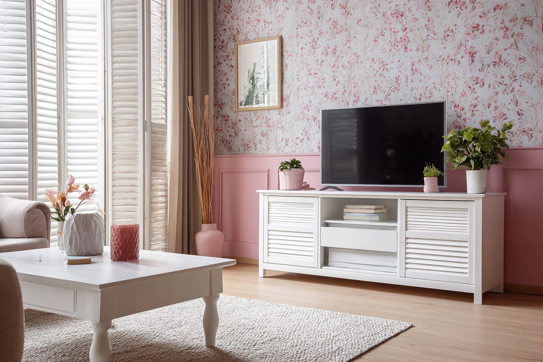 Modern White TV Unit Design With Shutter Storage