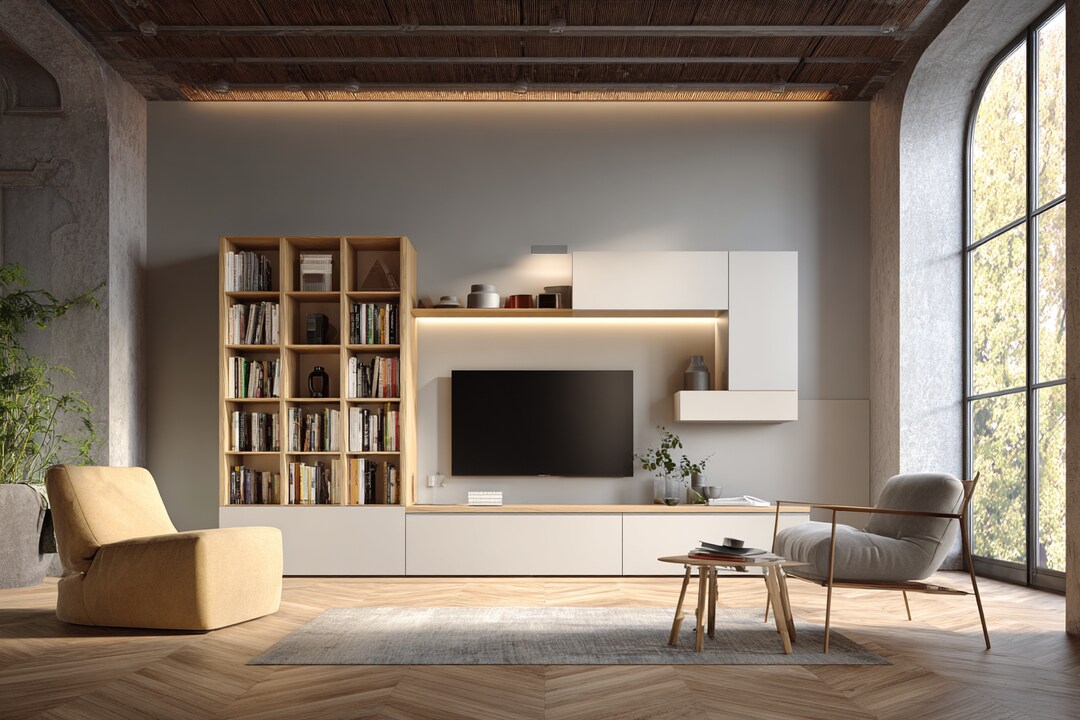 Modern White TV Unit With Open And Closed Storage